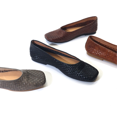 排角浅口一脚蹬编织马皮单鞋