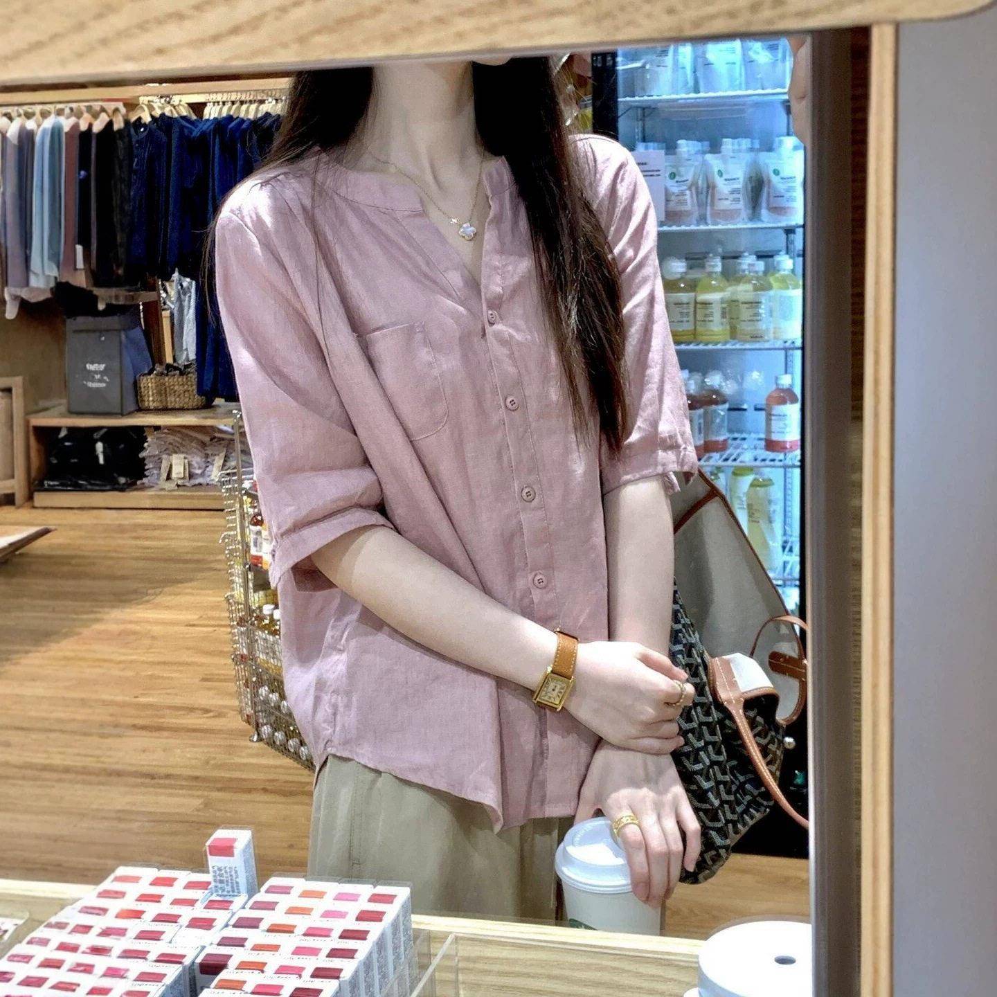法式粉色棉麻短袖衬衫女夏新款绝美设计感衬衣苎麻别致很仙的上衣