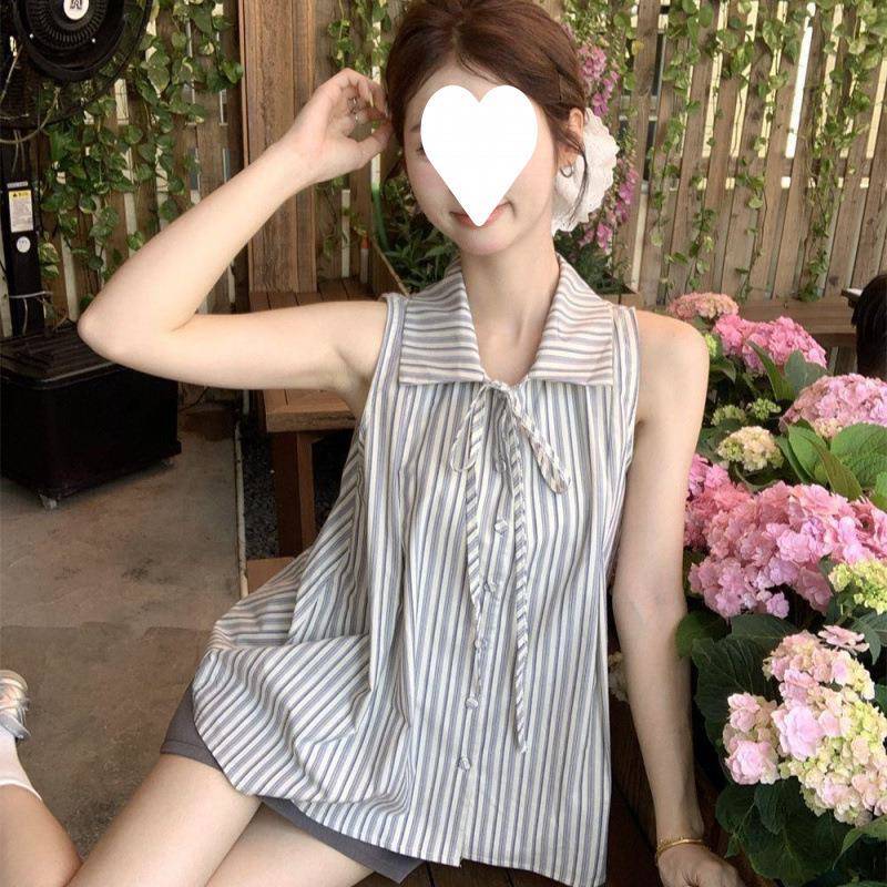 设计法式高级条纹蝴蝶结衬衫2026夏季新款无袖上衣显瘦背心女