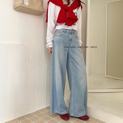 代嘉儿60532直筒牛仔裤女夏款泼漆宽松高腰蓝色无弹十分阔腿甩裤