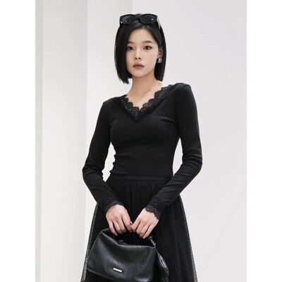 曼娅奴女装秋冬新款小心机蕾丝拼