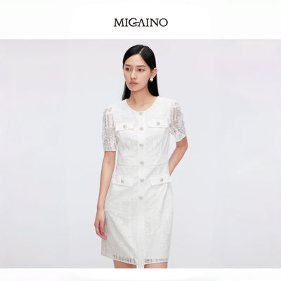 Migaino曼娅奴女装2024夏季新款时尚气质白色短款连衣裙MO22DA002
