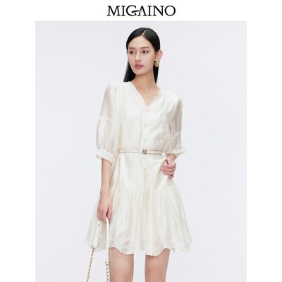 Migaino曼娅奴女装2024年夏新款V领顺滑气质优雅连衣裙MO22DA119