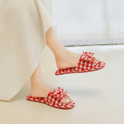 蝴蝶结英伦风格子布轻奢时尚拖鞋 家居吸汗防滑室内四季拖鞋女