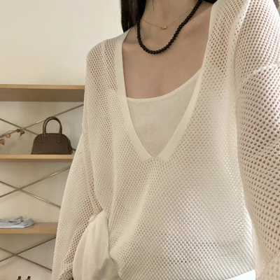 ONE TIME-法式复古风吊带背心+镂空针织衫叠穿设计感套装OT72369