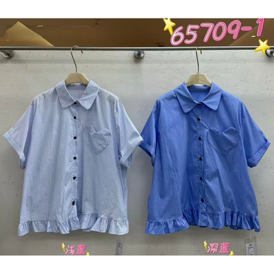 胖mm慵懒松弛格子荷叶边短袖衬衫