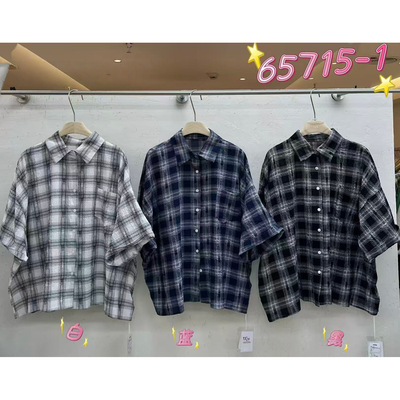 胖mm慵懒休闲风复古格子短袖衬衫