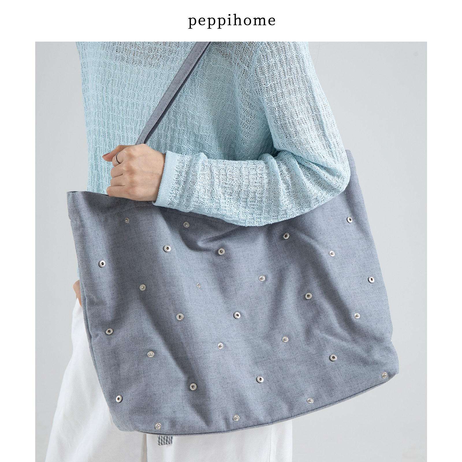 PEPPIHOME 韩系柳钉波点帆布托特包女大容量简约通勤慵懒单肩包