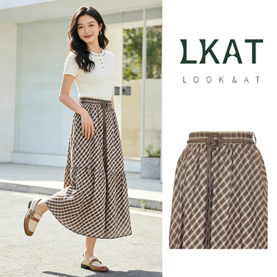 LKAT260303格纹松紧腰带腰带拼接半身裙