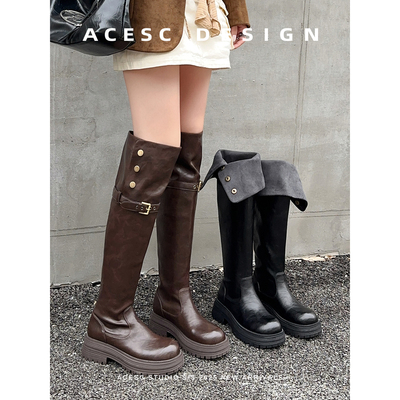 Acesc/艾斯臣2025秋季新款小个子粗跟长筒靴骑士靴黑色靴咖色靴