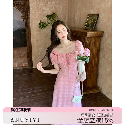 法式A字裙波点方领系带连衣裙