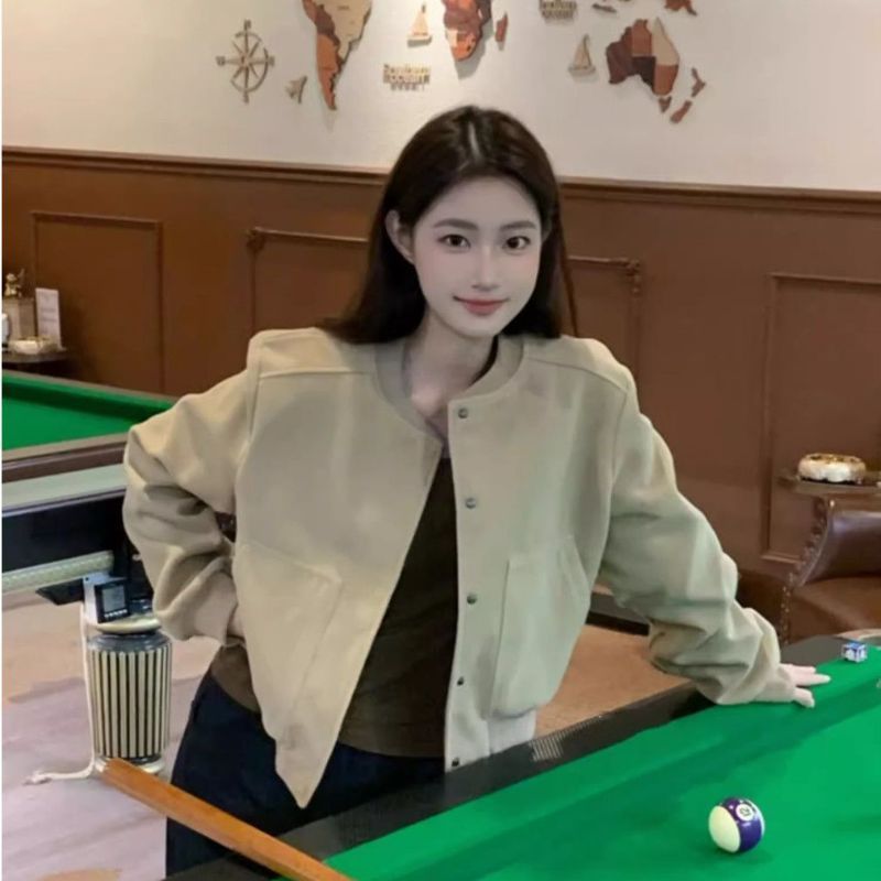 美式复古灰色短款棒球服外套女春秋款设计感小众宽松休闲夹克上衣