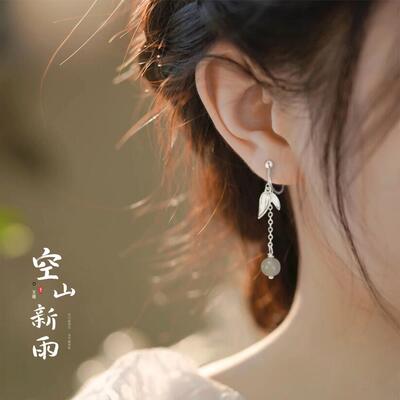 925纯银古风和田玉竹叶耳夹女