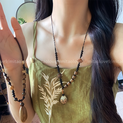 新中式菩提橄榄吊坠项链女民族风复古长款毛衣链小众百搭颈链配饰