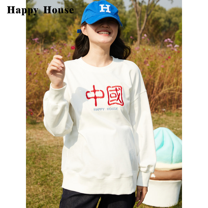 快乐屋孕妇卫衣春夏圆领绣花休闲国潮风上衣中国民族风孕妇春装女