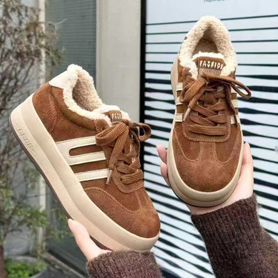 美拉2025年冬款欧洲站磨砂皮真皮系带厚底保暖加绒德训鞋板鞋女鞋