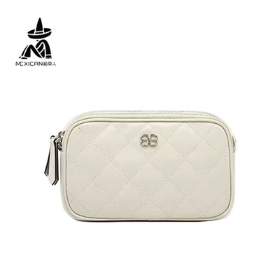 稻草人牛皮女包2025时尚小香风菱格真皮单肩斜挎链条小方包手拿包