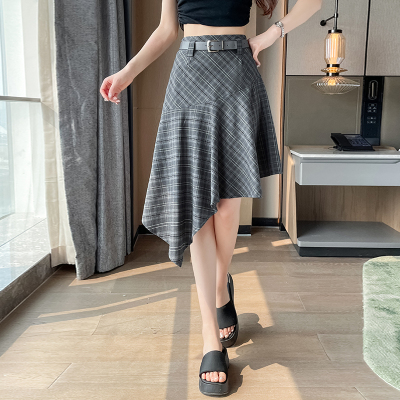潮流不规则格子半身裙女2026新款夏季高腰显瘦时尚a字裙子 有内衬