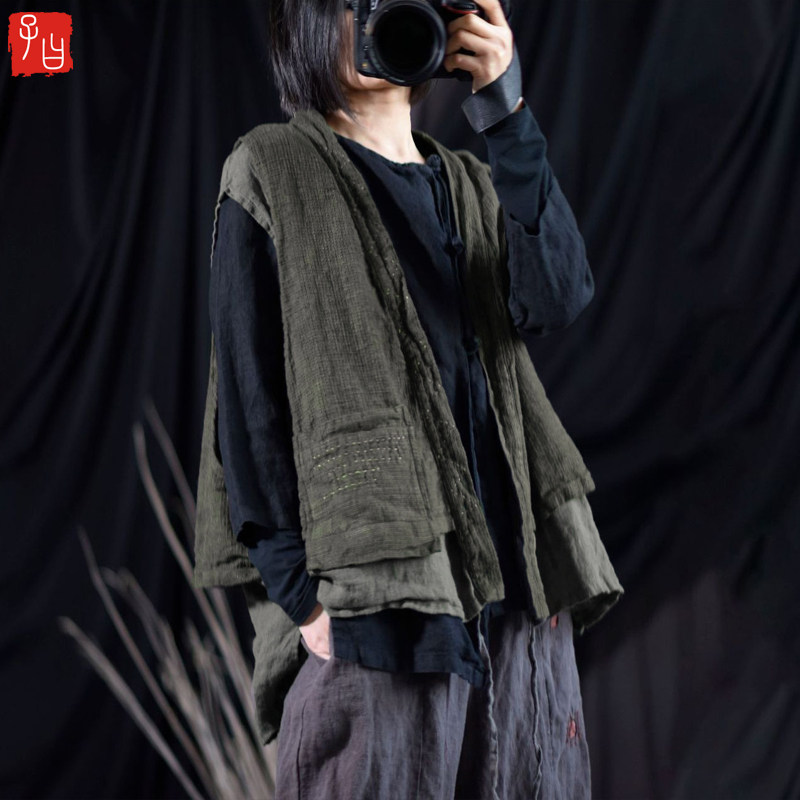 原创粗布亚麻混搭拼接假两件坎肩外披内长外短宽松系带马甲