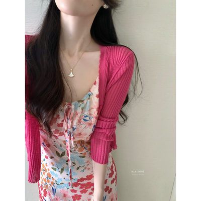 DARA ROSE-上新爆款超美坑条纹树莓粉单排扣针织开衫(不含连衣裙)