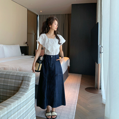 bigyu 复古深蓝色牛仔半身裙长裙夏季薄款高腰显瘦遮肉中长款裙子