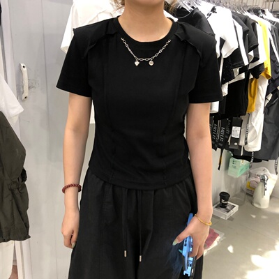 正肩短袖t恤女2026夏季新款韩版圆领垫肩短款显瘦上衣女茉莉3025
