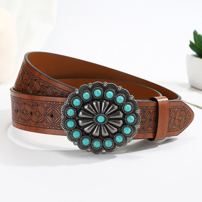 欧美复古压花圆形镶松石腰带