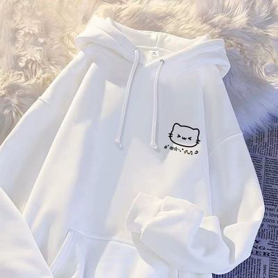 大童慵懒秋冬初高中女生快乐小猫咪一面印花连帽带兜运动百搭卫衣
