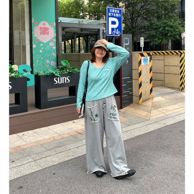 Q了个T大码女装微胖mm韩系条纹显瘦遮肉长袖+星星垂感休闲卫裤