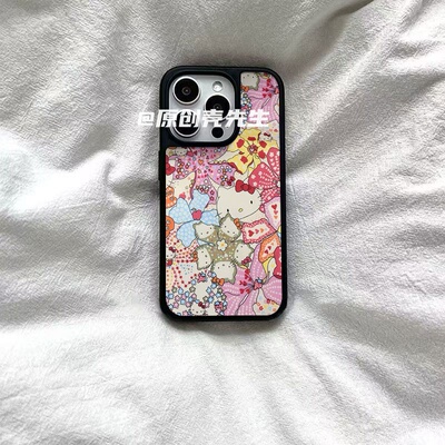 ins碎花y2kkt猫亚克力黑边磁吸适用苹果iPhone16promax手机壳1312pro小米1415Pro华为mate60p70三星S23防摔