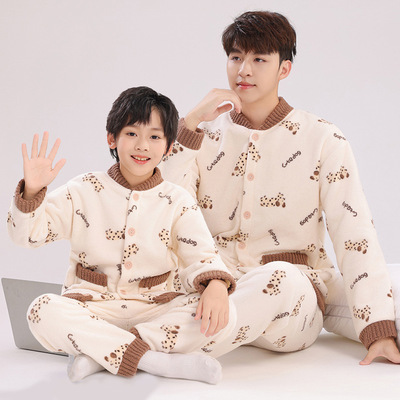 亲子法兰绒春秋冬口袋家居服套装