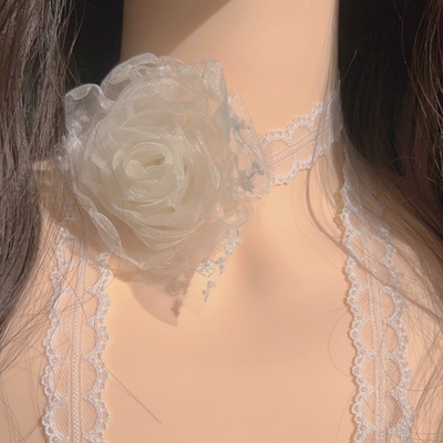 韩版纯欲风温柔仙气网纱花朵白色蕾丝花朵项圈颈带choker少女项链