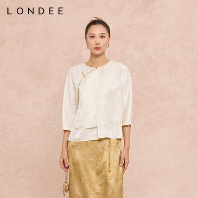 Londee/龙笛白色优雅新中式斜襟衬衫高级感提花上衣小衫6S22390