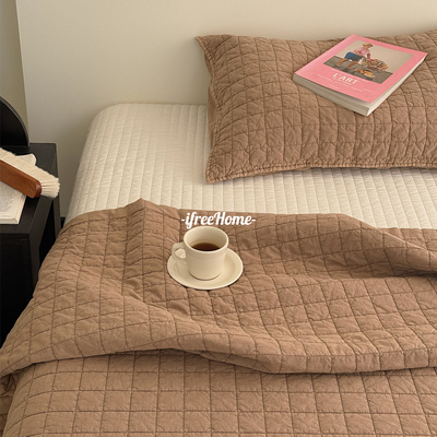 ins韩系简约全棉砂洗床盖三件套80s纯棉亲肤方格水洗枕套四季床品