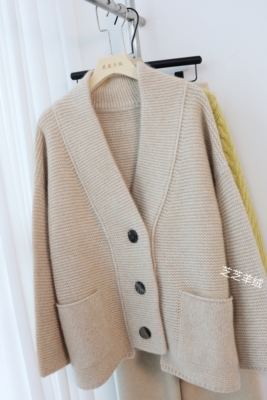 100%纯山羊绒衫重磅加厚V领长袖羊绒针织大开衫宽松外套休闲百搭