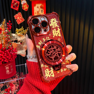 新年发财暴富旋转支架四角气囊适用苹果16Pro手机壳iPhone15max华为mate70k60小米14p50荣耀x100nova13reno12