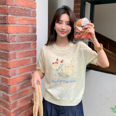 十三行刺绣小狗字母冰丝针织衫女