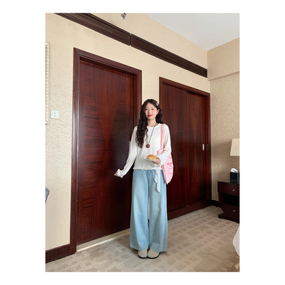 JIAJIATMMT木里夏季复古阔腿宽松高腰显瘦长裤牛仔裤女配丝巾5769