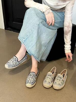 水钻草编渔夫鞋女2025年春新款一脚蹬休闲平底单鞋女厚底乐福鞋