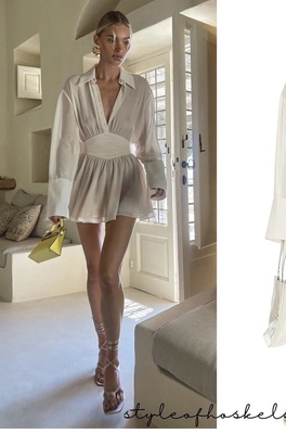 s现货！美国代购elsahosk同款白色网纱面料透视衬衫收腰迷你裙