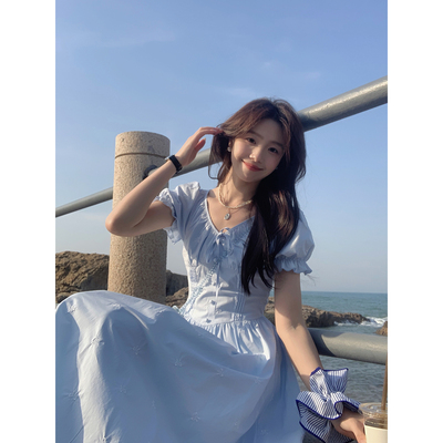 Even一雯【见习爱恋】韩系高智感气质收腰V领蝴蝶结蓝色连衣裙