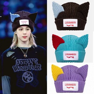 现 Charles Jeffrey Loverboy朴智旻檀健次同款猫耳朵条纹针织帽