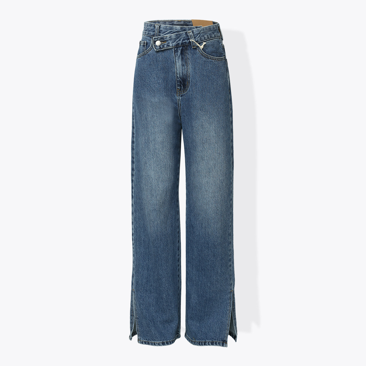 Jeans house美式双层斜腰高腰宽松阔腿显腿直牛仔裤子女老爹长裤_虎窝淘