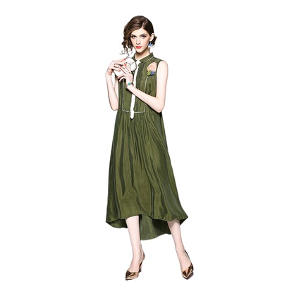 奈昕个性化私人订制 34596 文艺纯色长连衣裙立体装饰纯色夏街头