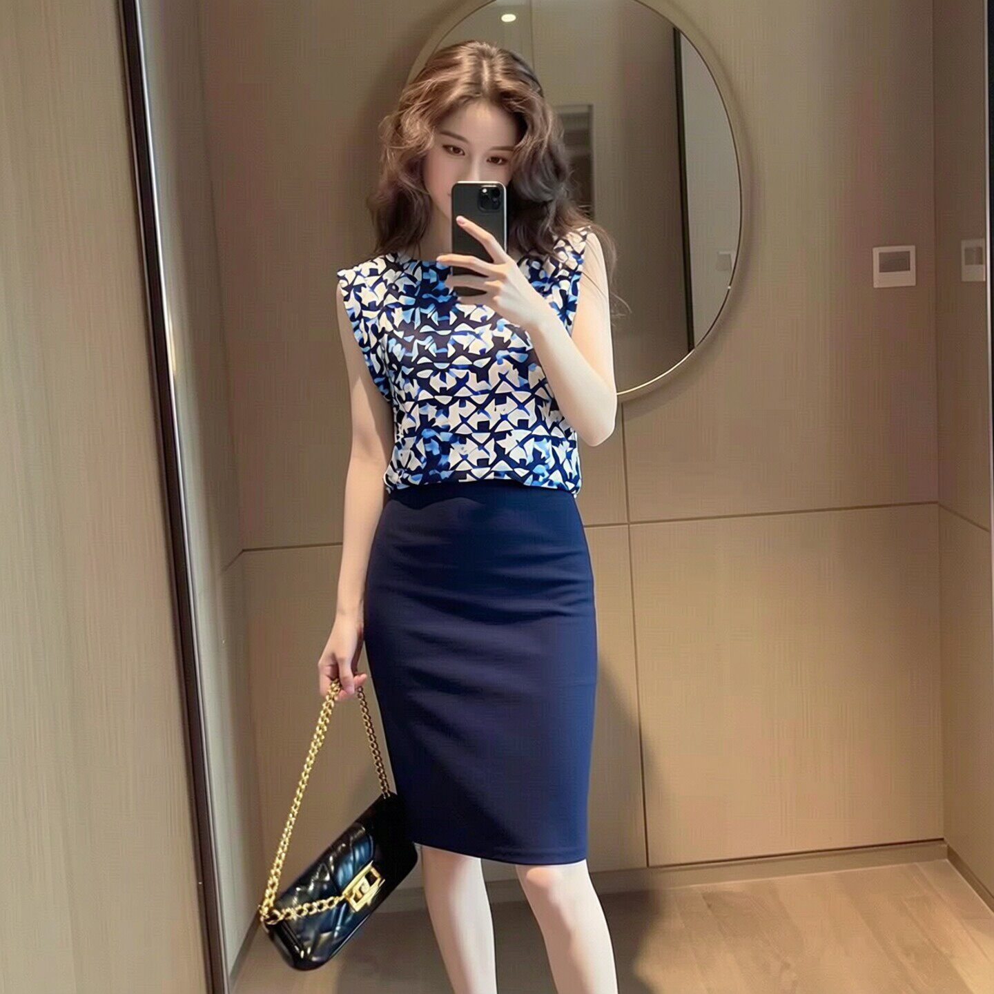 轻奢无袖几何印花连衣裙女春秋打底双层高级感大方得体通勤包臀裙