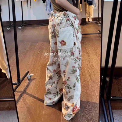 正品小众捏褶花卉碎花阔腿长裤