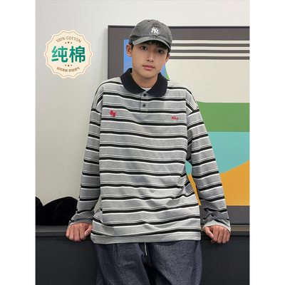CX3799小赖家2026秋装新款男大童长袖T恤男宽松polo领条纹上衣潮