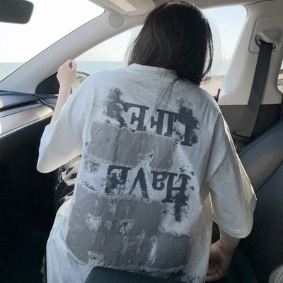 韩系高街字母贴布绣留须短袖T恤