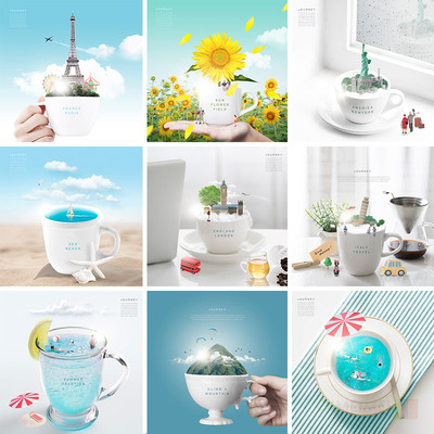 创意茶杯微观世界风景景观海边建筑饮料咖啡海报PSD设计素材80808