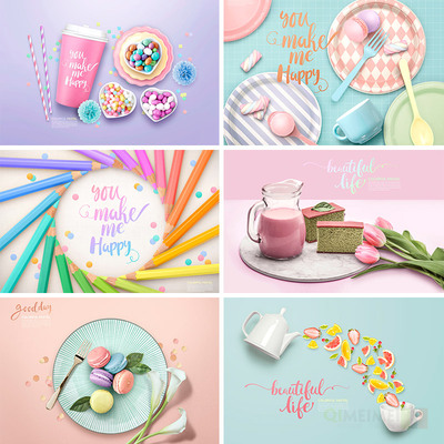 多彩甜品马卡龙色系鲜花蛋糕彩笔彩虹糖蛋糕海报PSD设计素材72405